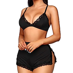 RSLOVE Sexy Pajamas for Women Soft Lingerie Set Lace Trim Sleepwear 2 piece Pjs Shorts Set Black S