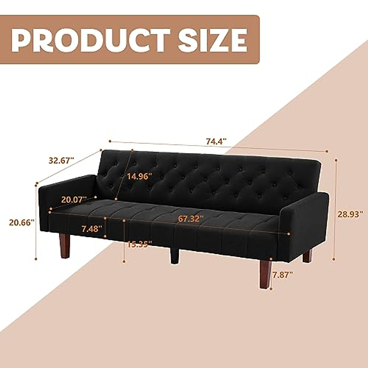 Fangflower Black Tufted Back Sofa Bed Mid-Century Convertible Sleeper Futon with Tapered Wood Legs for Living Room Apartment Lounge