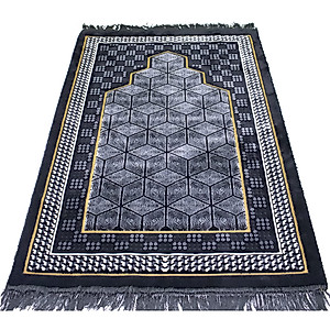 Modefa Turkish Islamic Velvet Prayer Rug - Thick Wide Soft Praying Carpet for Men & Women - Double Plush Large Janamaz - Eid & Ramadan Gift - with Kufi Beads & Car Hanger - Geometric Noor - Black