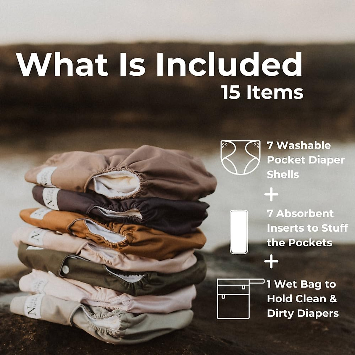 Nora's Nursery Cloth Diapers 7 Pack with 7 Inserts & 1 Wet Bag - Waterproof Cover, Washable, Reusable & One Size Adjustable Pocket Diapers for Newborns and Toddlers - Down to Earth