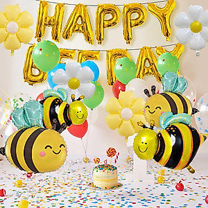Bee Themed Birthday Party Decorations, Happy Bee Day Balloons Banner, Yellow Bee Foil Balloons Daisy Mylar Foil Balloons for Boys Girls Baby Shower Bee Theme Birthday Supplies