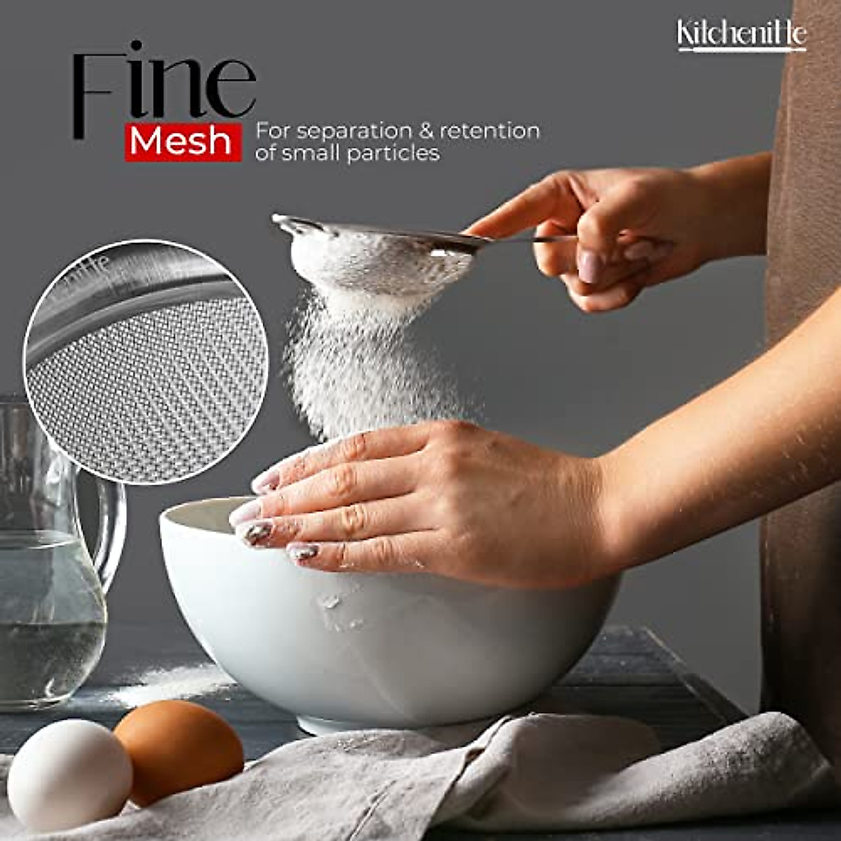 Kitchenitte Set of 4 Fine Mesh Strainer - Sieve Fine Mesh Stainless Steel Strainers - 2.2", 2.8", 4.7", and 7.1" Sizes - Ultra Durable Sieve, Kitchen Strainer Set for Sifting, Straining, Draining
