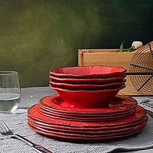 LEHAHA Farmhouse Plates and bowls set 12 Piece Melamine Dinnerware Sets for 4 People Lightweight and Unbreakable Dish Set Perfect for Indoor Outdoor Dining Party and Picnic Red