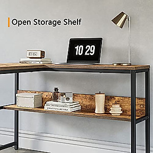 CubiCubi L Shaped Desk, 55.1 inch Corner Computer Desk with Storage Shelves, Study Writing Table Workstation with Open Shelves for Home Office, Rustic Brown