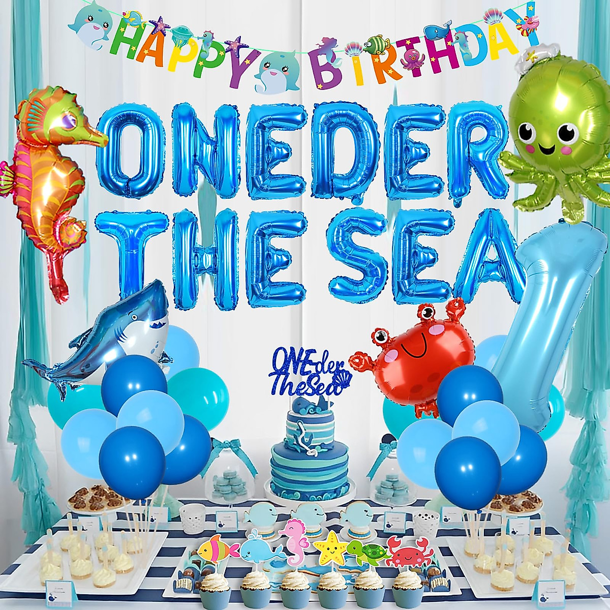 Under The Sea 1st Birthday Decorations - Ocean Ocean Theme First Birthday Party Decorations Ocean Blue Balloons, Oneder The Sea Crab Shark Octopus Seahorse Foil Balloon, Ocean Cake Cupcake Topper