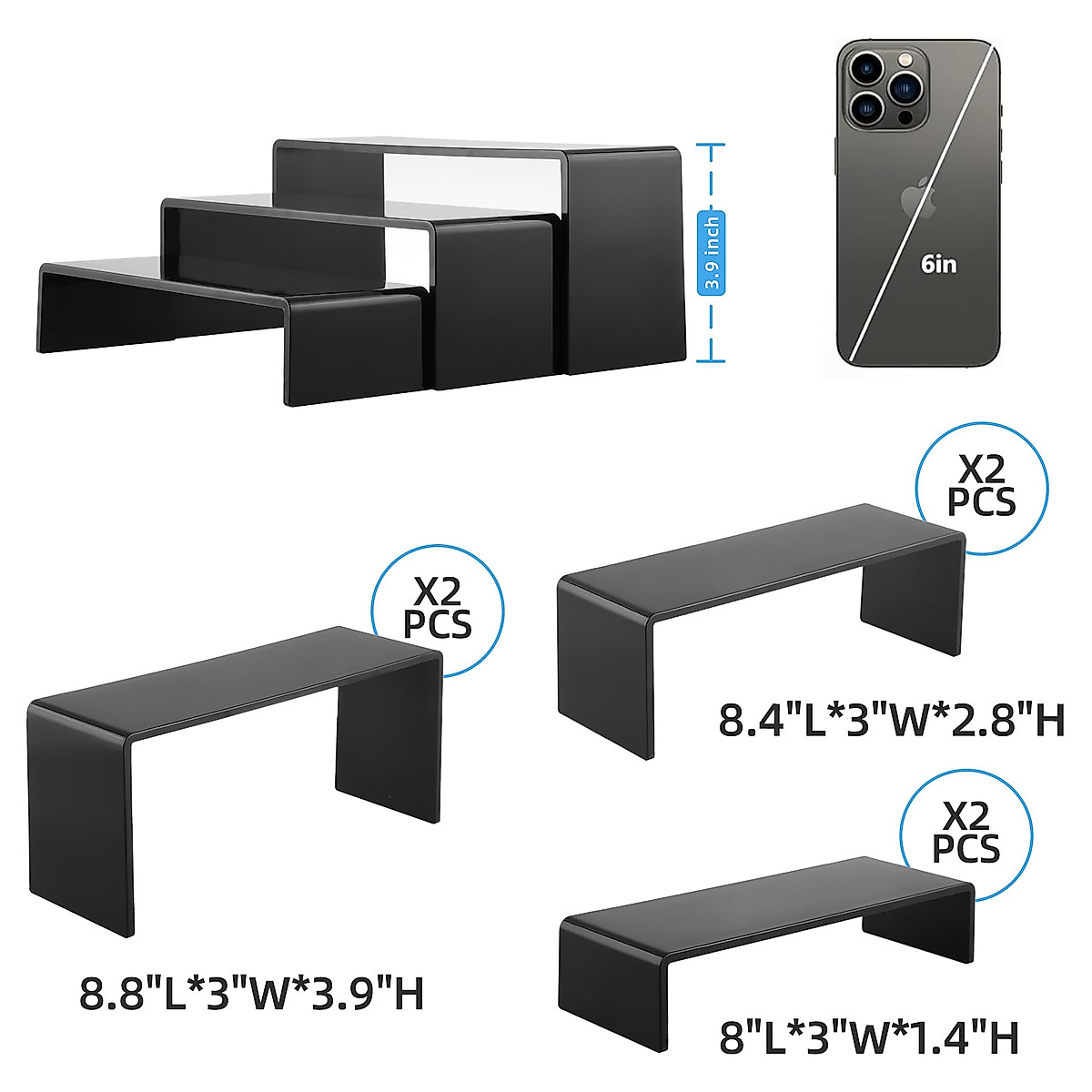 Goabroa Black Acrylic Display Risers, 3 Tiers 2 Set (6 Pcs) Acrylic Shelves Organizer Display Stand, Conutertop Desktop Acrylic Display for Decoration and Organizer