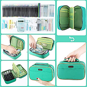 Homecube Pencil Case Big Capacity Storage Pen Bag Makeup Pouch Zippered Students Stationery Bag with Outer Pockets and Handle- 8.23x5.12x3.15"- Green