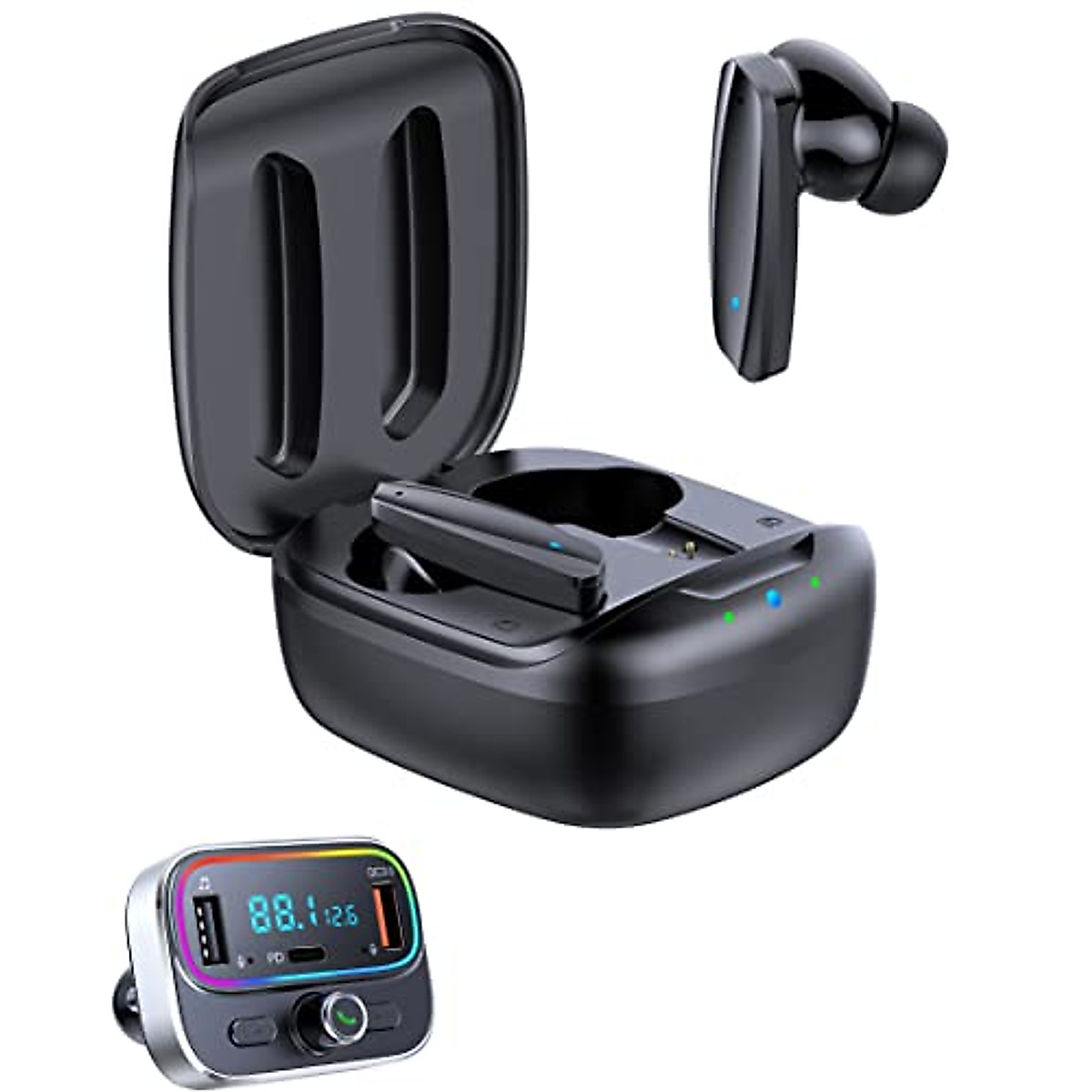 True Wireless Stereo Bluetooth Earbuds with Charging Case, Bluetooth 5.0 in-Ear Stereo Headphones, Built-in Mic, Premium Sound Earphones, Deep Bass, HiFi Audio, Sports Black