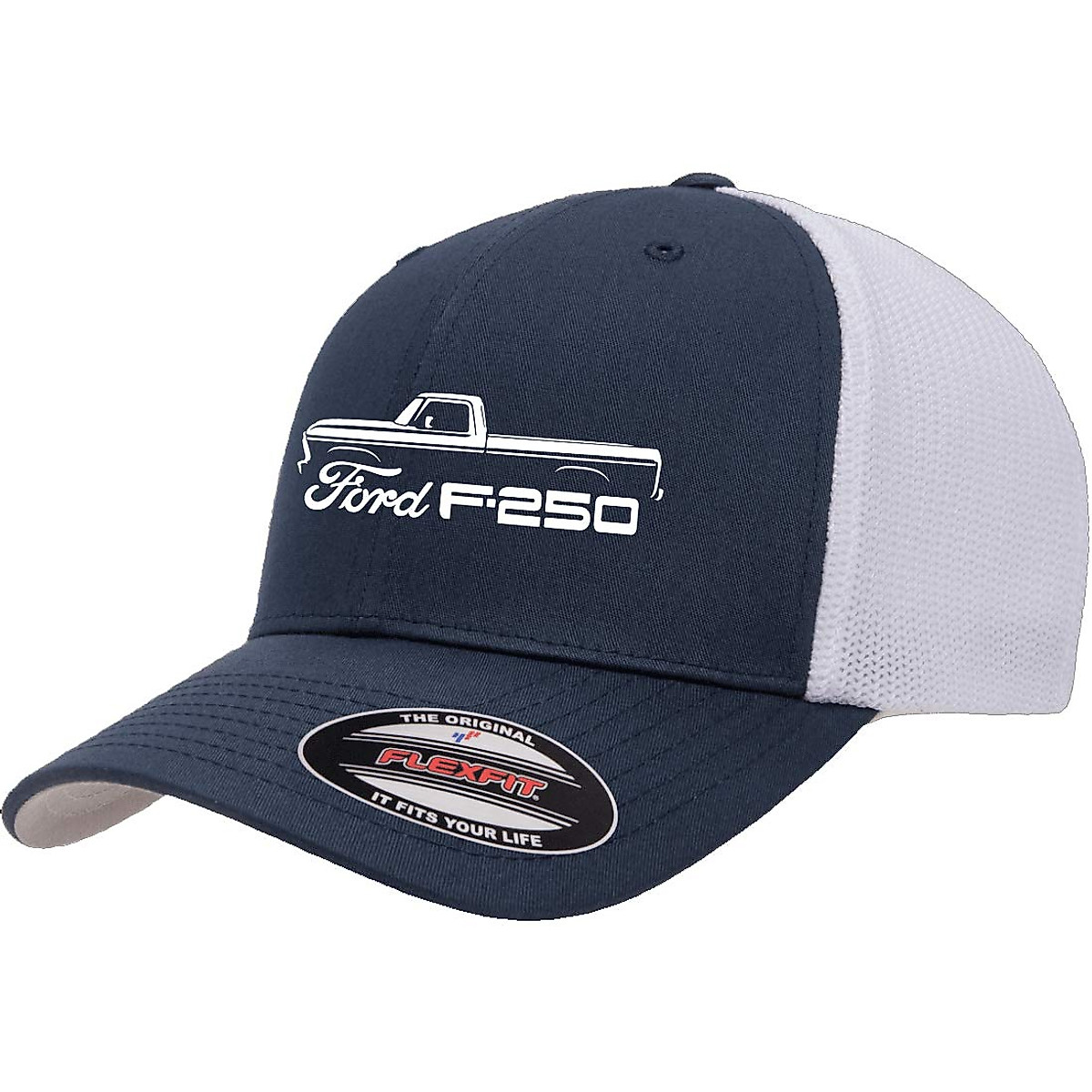 1973-77 Ford F250 Pickup Truck Outline Design Flexfit Trucker Mesh Fitted Cap Navy/White