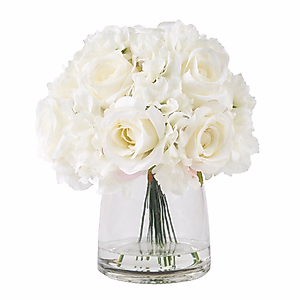 Floral Arrangement with Vase - Realistic Accent with 10 Hydrangeas and 11 Roses in Clear Glass Container with Faux Water by Pure Garden (Cream)