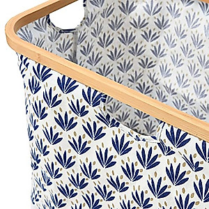 Household Essentials Bamboo Rimmed Krush Basket with Cutout Handles, Blue Cacti