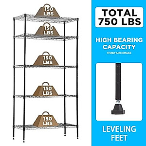 24/7 Shop at Home Rex Industrial 5 Tier Wire Shelving Rack with Wheels, Adjustable Shelves and NSF Certified, Metal Storage Shelves for Kitchen, Office, Garage, Basement, Laundry Room, Black