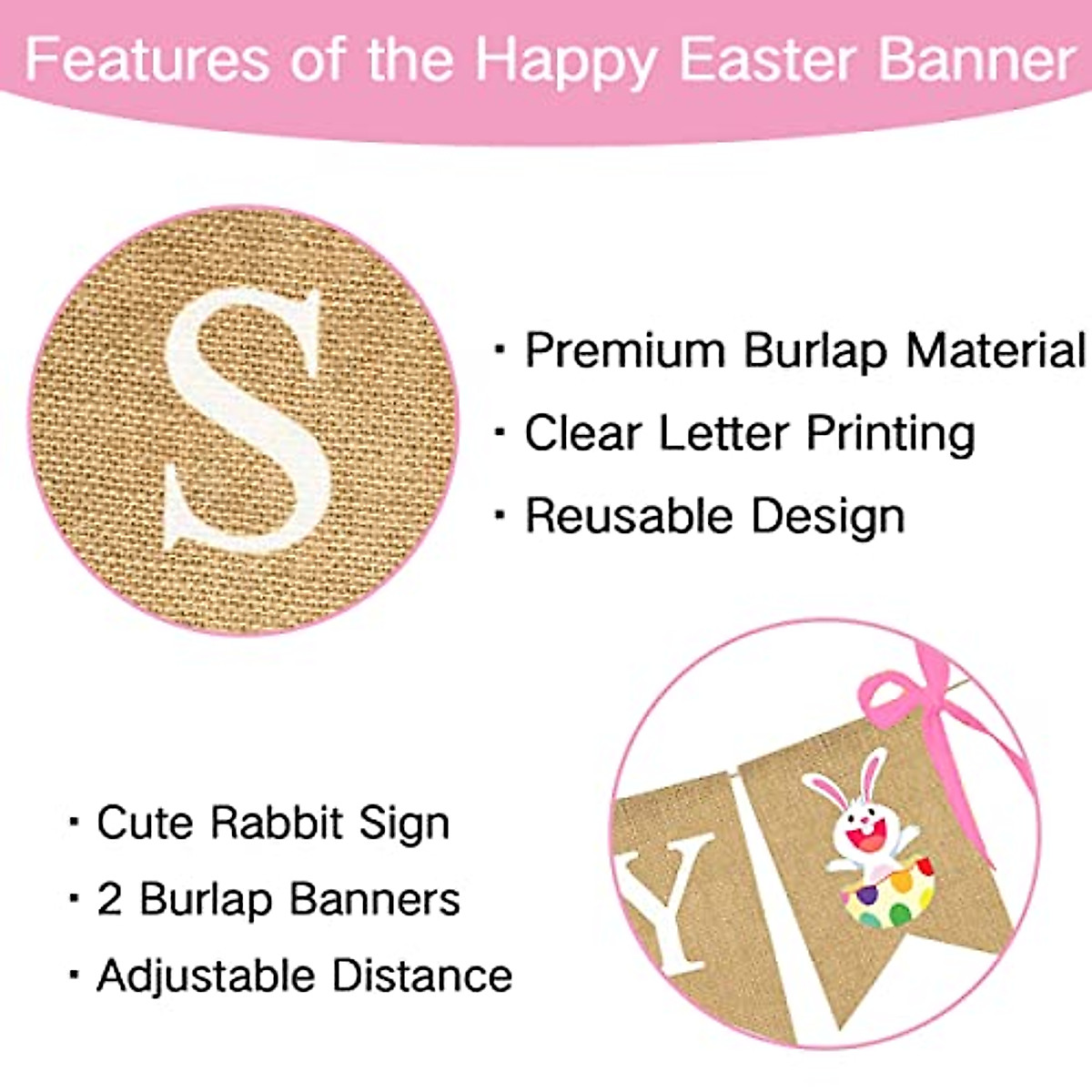 Happy Easter Banner, Easter Decorations Burlap Easter Garland with Bunny Sign for Spring Themed Party Favors Supplies, No DIY Required
