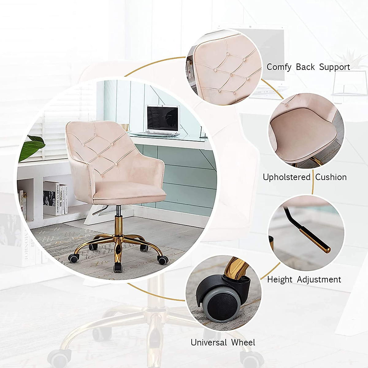 Goujxcy Home Office Chair, Velvet Desk Chair Modern Adjustable Swivel Chair, Upholstered Task Chair Accent Chair Executive Chair Vanity Desk Chair (Lake Blue)