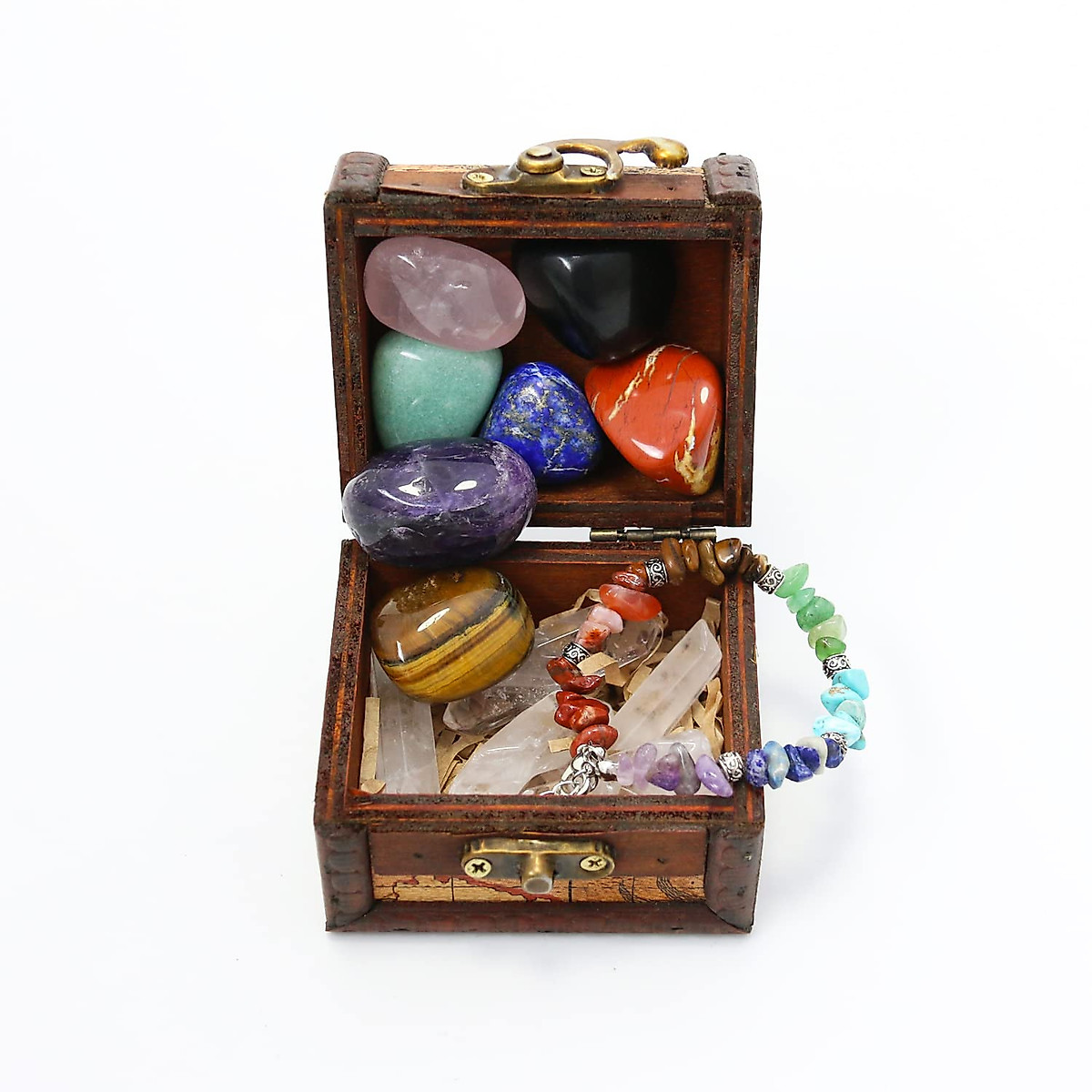 Nvzi Crystals and Healing Stones Set in Wooden Display Box, Gemstones and Crystals Kit, 7 Chakra Stones, Spiritual Gifts for Women, Witchcraft Supplies and Tools, Raw Crystals for Beginners
