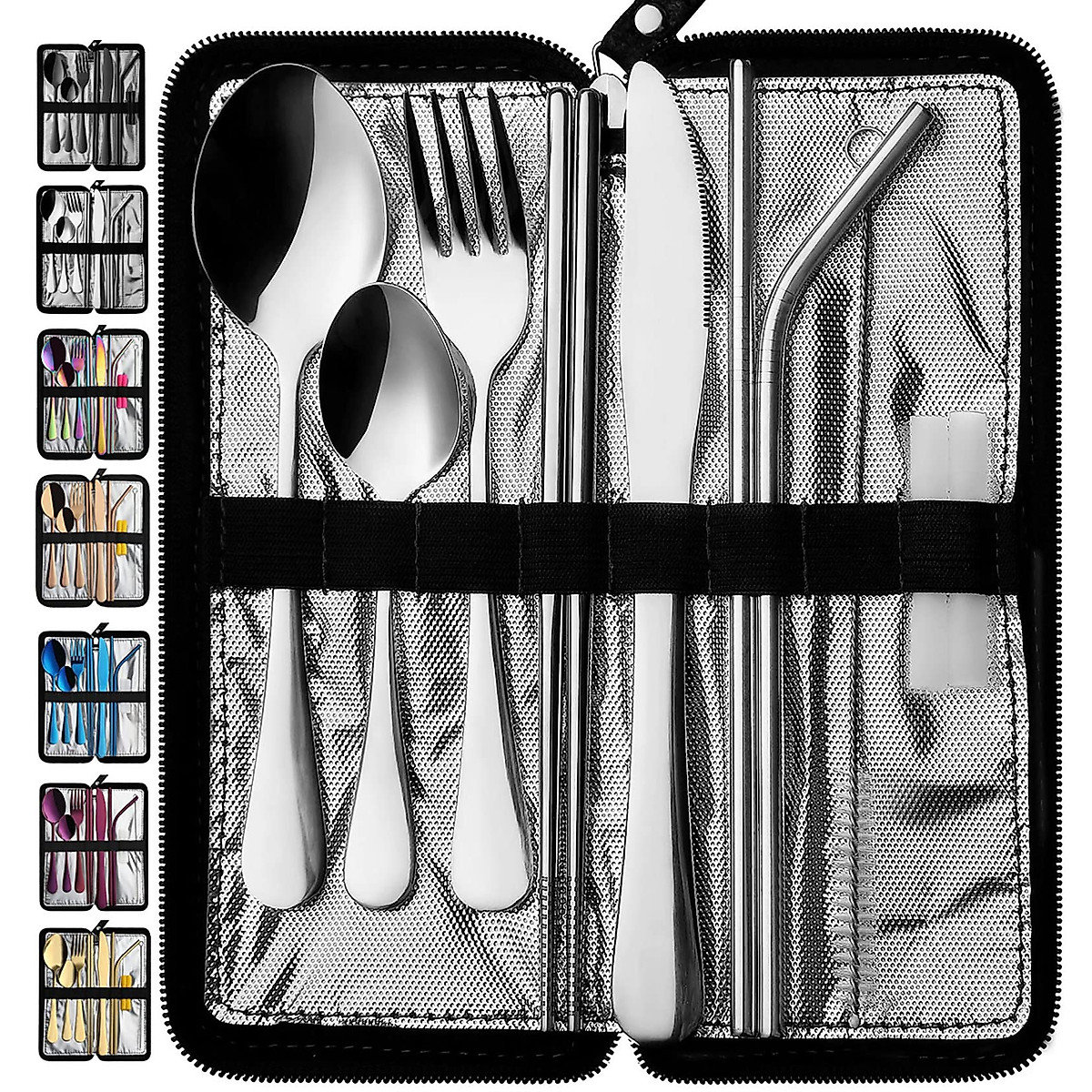 VANDBAO Portable Travel Utensils, Reusable Silverware with Case for Fixing Tableware, 9 Pieces Stainless Steel Stable Flatware Set, Camping Picnic Cutlery Set (Silver Set)