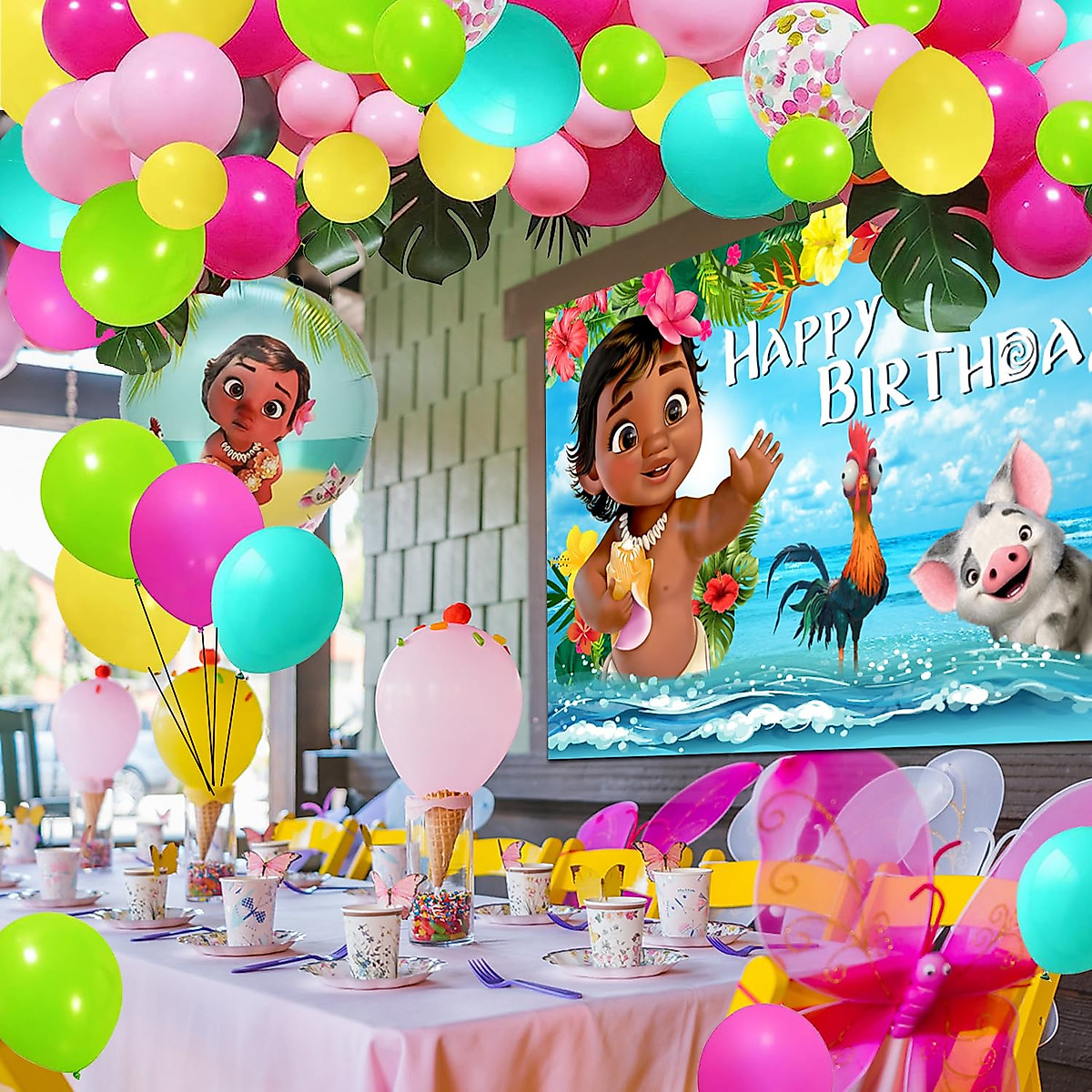 124 PCS Moana Birthday Party Decarotion Supplies,Moana Balloon Garland Arch Kit Baby Moana Banner for Hawaii Moana Theme Birthday Party Supplies Baby Shower Party Decorations