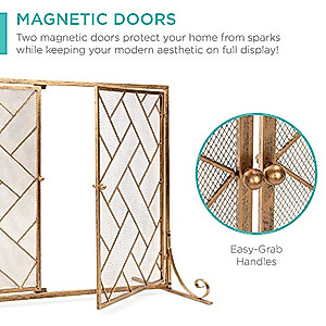 Best Choice Products 44x33in 2-Panel Handcrafted Wrought Iron Decorative Mesh Geometric Fireplace Screen, Fire Spark Guard w/Magnetic Doors - Gold