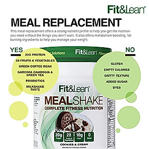 Fit & Lean Meal Shake Meal Replacement with Protein, Fiber, Probiotics and Organic Fruits & Vegetables, Cookies and Cream, 1lb, 10 Servings Per Container