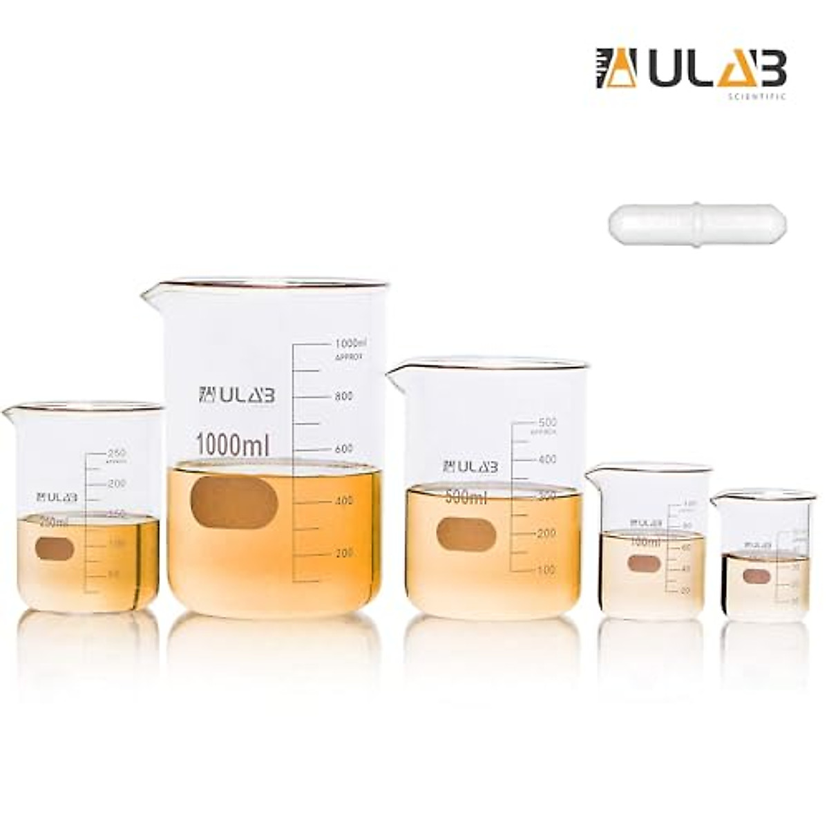 ULAB Scientific Glass Beaker Set with Magnetic Stir Bar Offered, 5 Sizes 50ml 100ml 250ml 500ml 1000ml, 3.3 Boro Griffin Low Form with Printed Graduation, UBG1002
