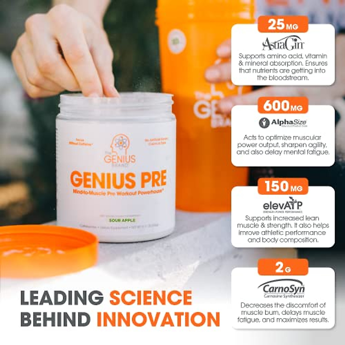 Genius Pre Workout Powder, Sour Apple - All-Natural Nootropic Pre-Workout & Caffeine-Free Nitric Oxide Booster Supplement with Beta Alanine & Alpha GPC - No Artificial Flavors, Sweeteners, or Dyes