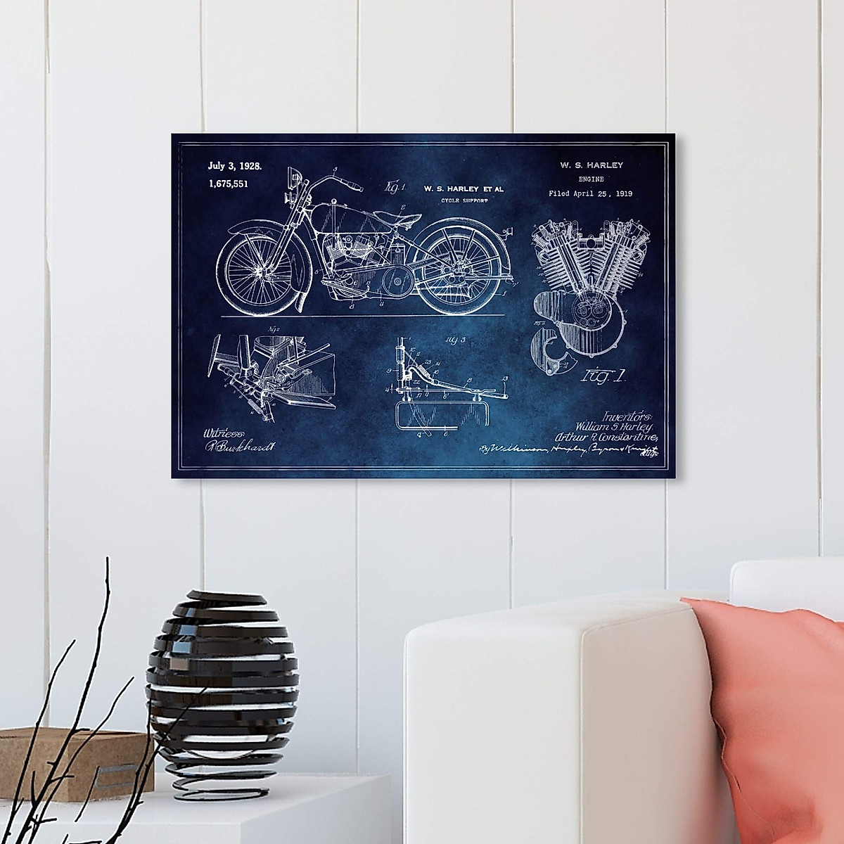 Wynwood Studio Transportation Wall Art Canvas Prints 'Harley Engine 1923 Set Horiz Blue Chalkboard' Home Décor, 30 in x 20 in, Stretched 3/4 inch