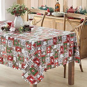 Newbridge Jolly Holiday Candy Cane Print Flannel Back Vinyl Christmas Tablecloth - Happy Holidays Grey, Red and Green Xmas Wipe Clean Easy Care Tablecloth, 60” x 120” Oblong/Rectangle