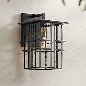 Possini Euro Design Arley Modern Outdoor Wall Light Fixture Black Geometric Frame 16" Seedy Glass for Exterior Barn Deck House Porch Yard Patio Outside Garage Front Door Garden Home Roof Lawn