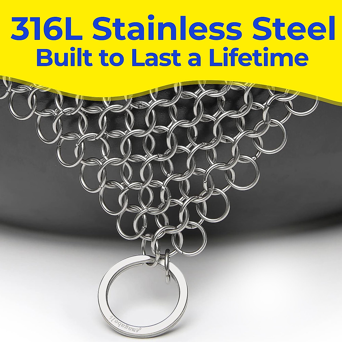 Amagabeli Cast Iron Cleaner 8"x6" Rectangle Metal Scrubber with Hanging Ring 316 Premium Stainless Steel Chainmail Scrubber for Cast Iron Pans CS03