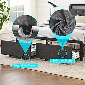 GAOMON Upholstered Bed Frame Queen with 2 Storage Drawers, Button Tufted Headboard and LED Lights, Queen Bed Frame with Mattress Foundation Strong Wooden Slats Support, No Box Spring Needed