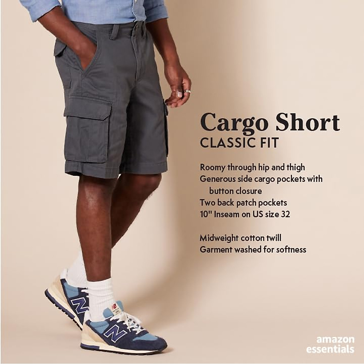 Amazon Essentials Men's Classic-Fit Cargo Short (Available in Big & Tall), Grey, 29