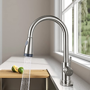 Qomolangma LED Kitchen Faucet with Pull Down Sprayer, Brushed Nickel Single Handle Kitchen Sink Faucet with Pull Out Sprayer, Stainless Steel