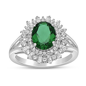 Jewelili Sterling Silver 9x7 MM Oval Cut Simulated Emerald and Tapper Baguette and Round Created White Sapphire Halo Engagement Ring, Size 7