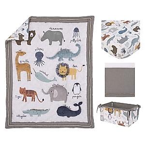 NoJo Zoo Animals White and Gray 4 Pc Crib Bedding Set
