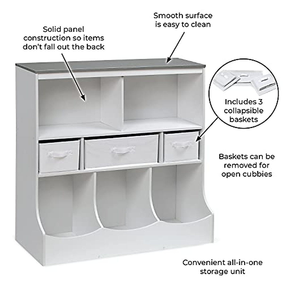 Badger Basket Combo Bin Toy Storage Unit and Book Shelf for Kids with 3 Baskets - White/Gray
