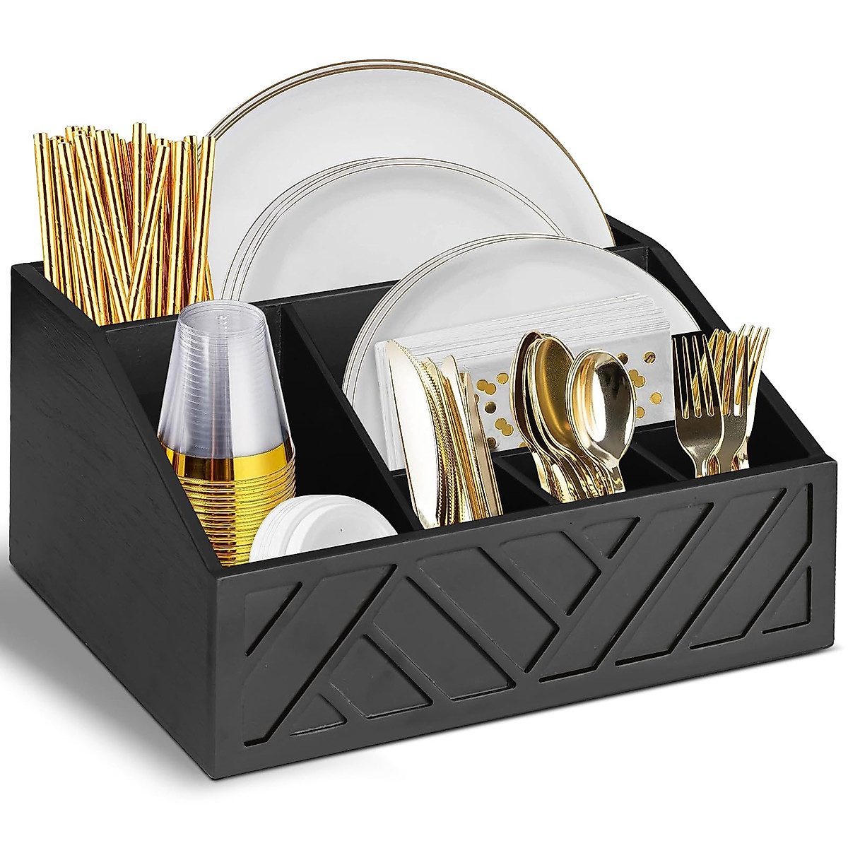 Paper Plate Dispenser, Paper Plate Holder for Kitchen Counter, Wood Rustic Silverware Utensil Caddy, Cutlery Flatware Organizer Box for Cups Spoons Forks Plates Napkins, Kitchen Accessories (Black)