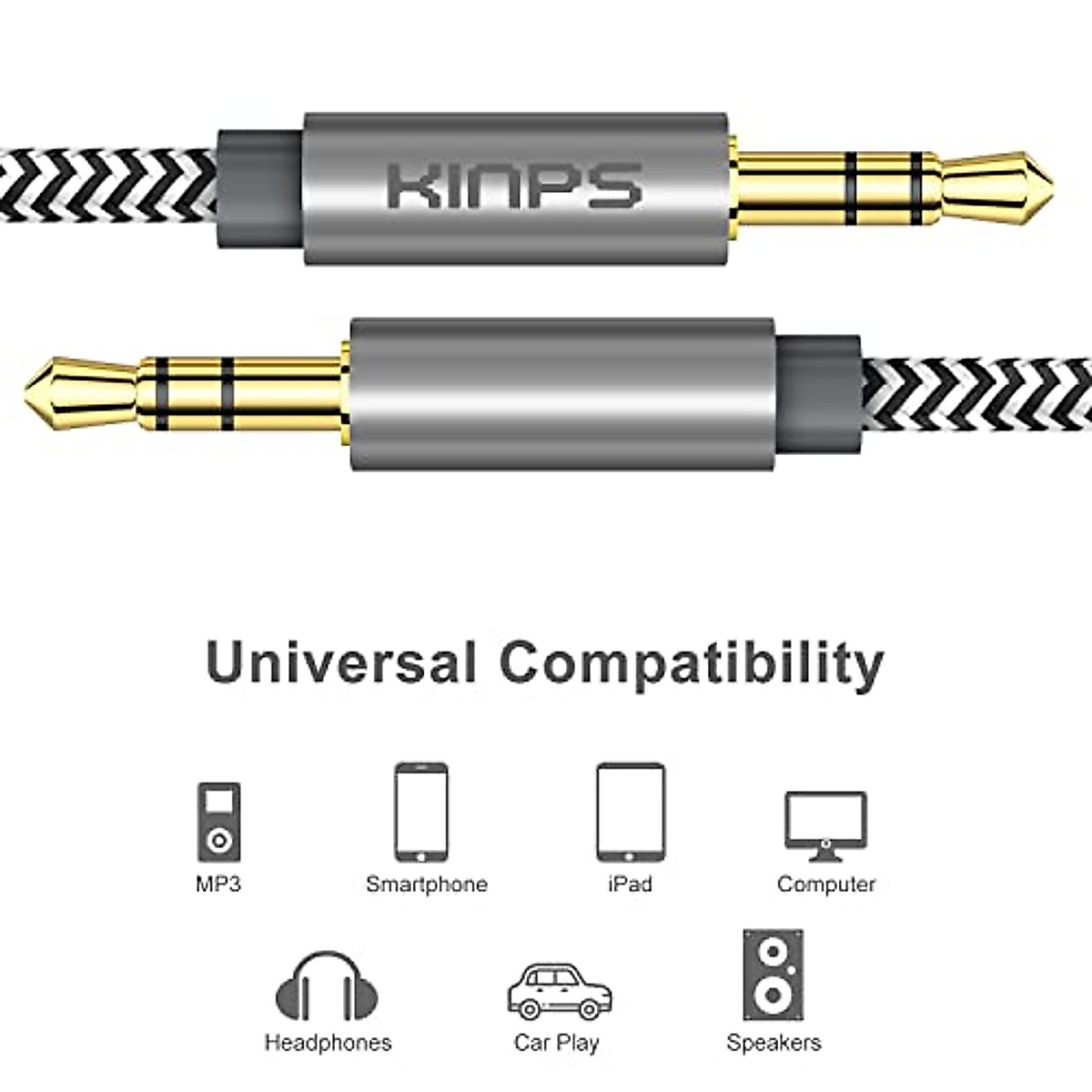 KINPS Auxiliary Audio Cable 3.5mm Aux Cord Stereo Jack Male to Male Aux Cable for Phones, Headphones, Speakers, Tablets, PCs, MP3 Players and More (10FT/3M, Gray)