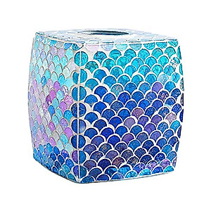 WHOLE HOUSEWARES Bathroom Wastebasket - Glass Mosaic Decorative Trash Can Dia 7.5" H 10" (Fan Shape) and Mosaic Glass Tissue Holder Decorative Tissue Cover Square Box (Fan Shape)