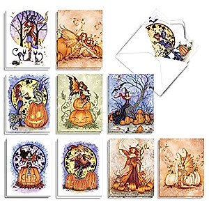 The Best Card Company - 20 Happy Halloween Note Cards Boxed (10 Designs, 2 Each) - Spooky Notecard Assortment (4 x 5.12 Inch) - Fall Fairies AM3372HWG-B2x10