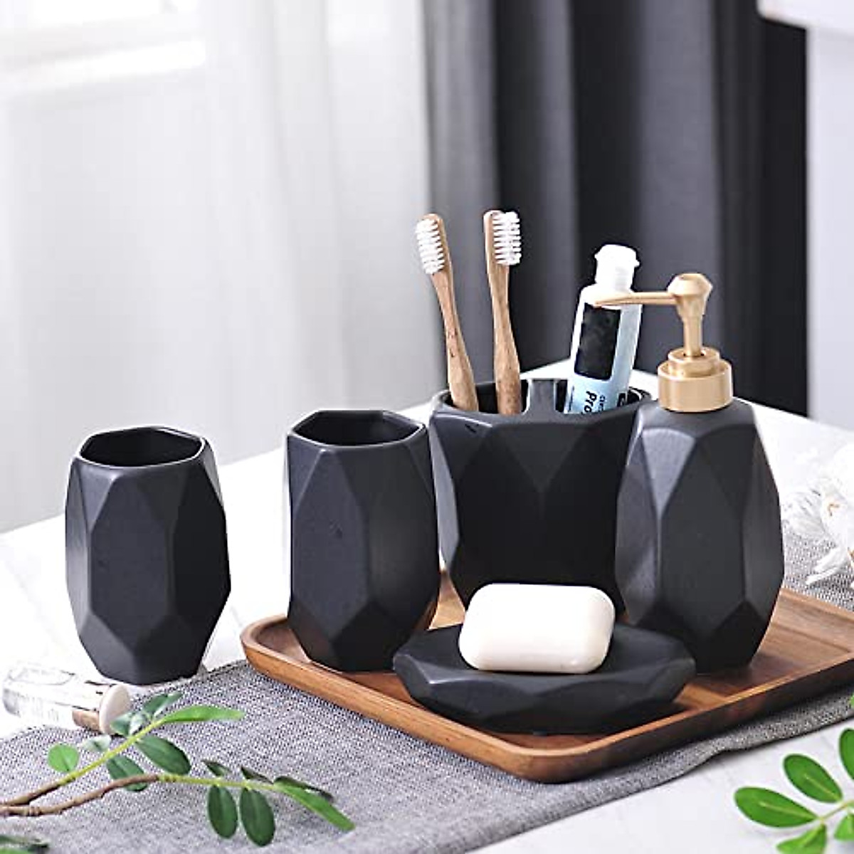 JINYISI Bathroom Accessory Set,5 Piece Ceramic Bathroom Accessories Set,Toothbrush Holder Set,Bathroom Sets Accessories (Black/White)