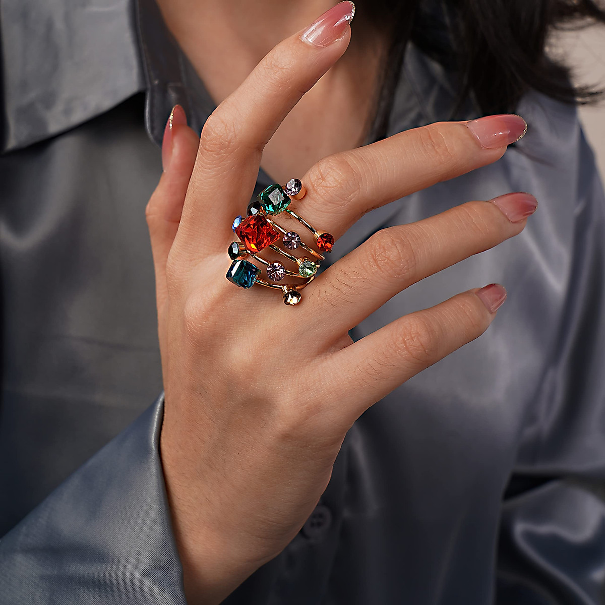 YERTTER Boho Colorful Crystal Ring Spring Flower Ring Floral Cluster Stretch Ring Sparkly Rhinestone Crystal Statement Ring Gift for Teens