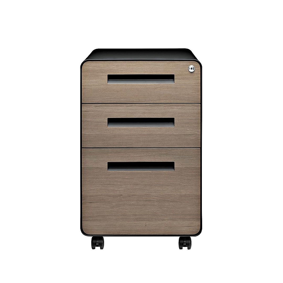 Laura Davidson Furniture Stockpile 3 Drawer File Cabinet with Lock - Under Office Desk Metal Filing Cabinet, Legal/Letter File Folders, Wheels and Stationary Feet, Pre-Assembled, Black/Wood