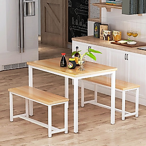 AWQM Dining Room Table Set, Kitchen Table Set with 2 Benches, Ideal for Home, Kitchen and Dining Room, Breakfast Table of 47.2x28.7x28.7 inches, Benches of 41.3x11.8x17.7 inches, Beige