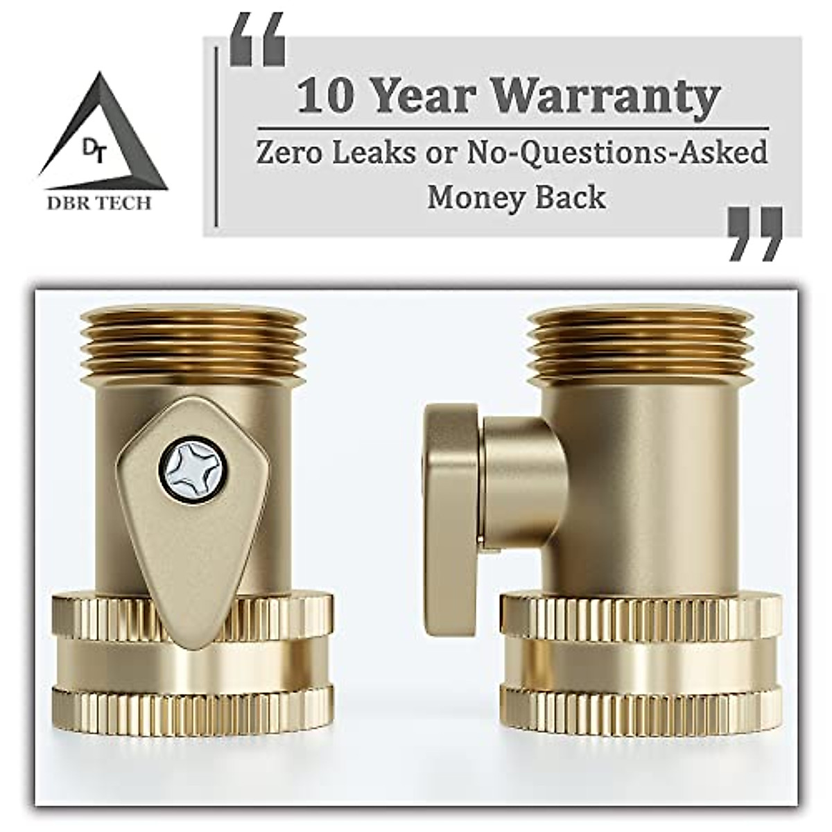 DBR Tech Heavy Duty Brass Shut Off Valve, Garden Connector Attachment with Rubber Washers for Outdoor Lawn and Gardening Hoses, Leak Resistant Threading, 3/4 Inch, All Brass