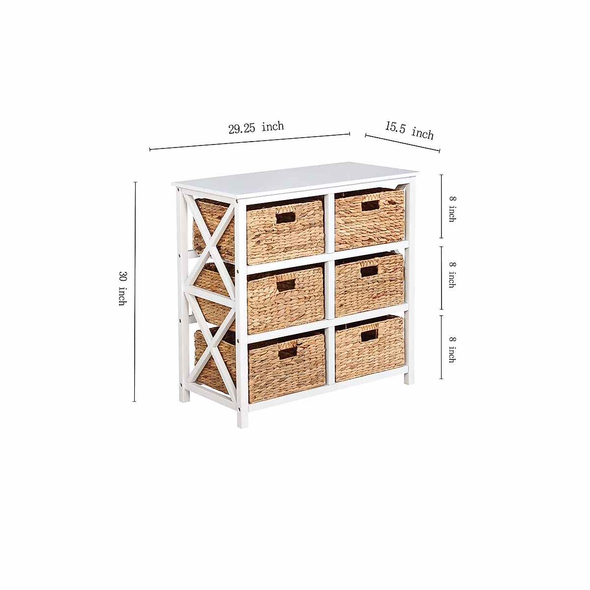 eHemco 3 Tier X-Side End Storage Cabinet, table with 6 Wicker Baskets for bedroom, living room in White