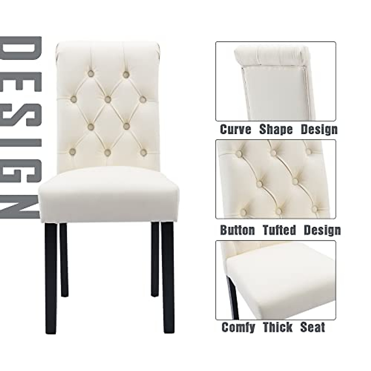 Kmax Leather Dining Chairs Button Tufted Diner Chairs Classic Upholstered Chairs with Wood Legs for Kitchen Dining Room Restaurant Set of 2, Cream