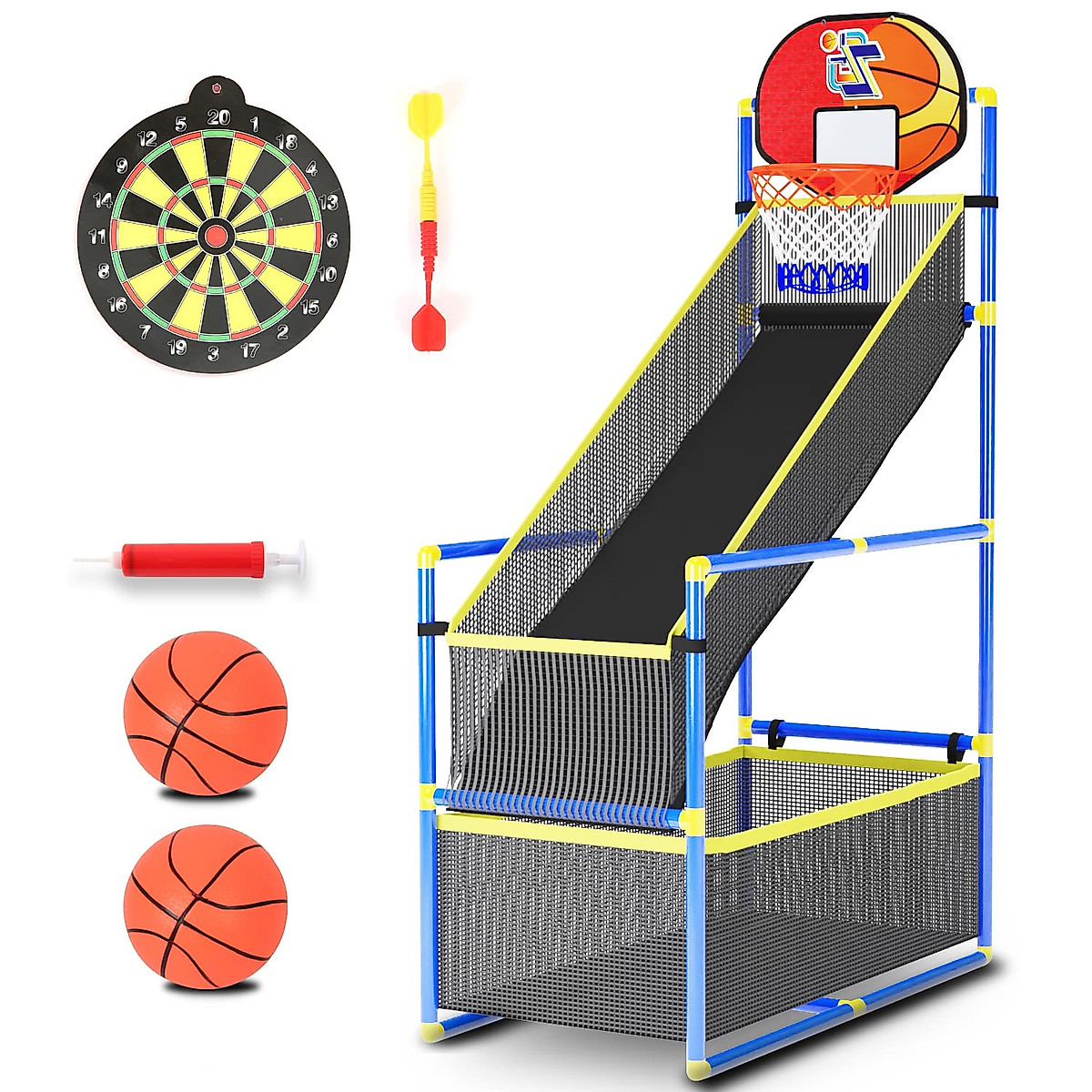 OMNISAFE Arcade Basketball Hoop Game Set for Kids & Dart Board, Basketball Game Training System, Includes 2 Balls, 1 Air Pump and Slide Ramp