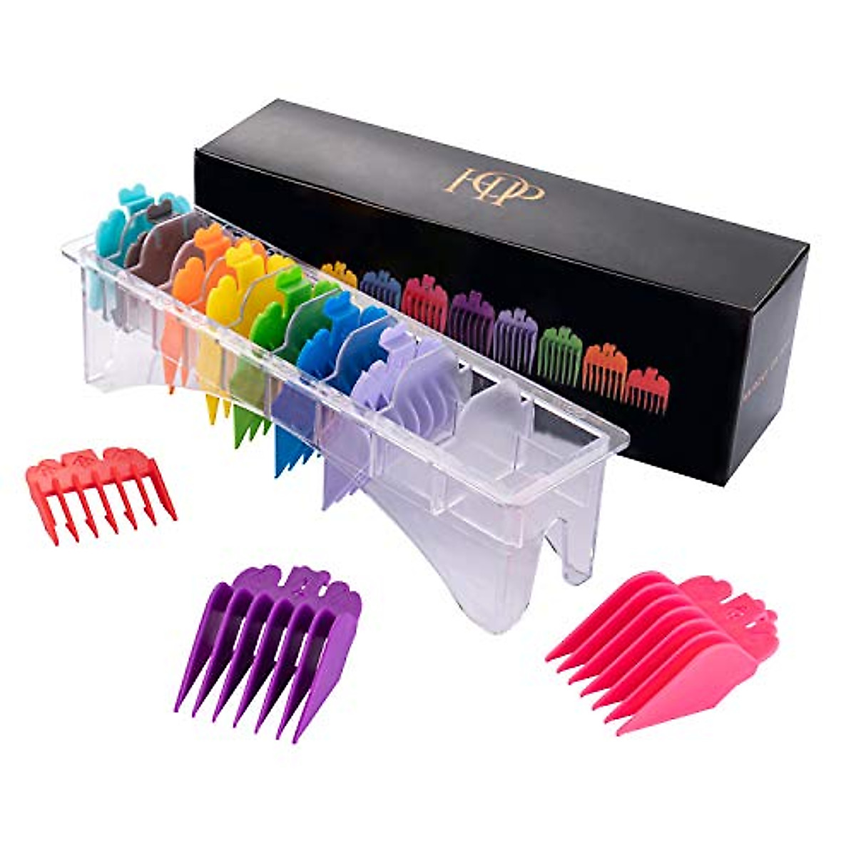 HOP Professional hair clipper guards attachments set-Trimmer guard attachment kit-Replacement guides combs-10 Pcs color coded from 1/16 to 1 inch-Universal clip fit all full-size Wahl clippers blades