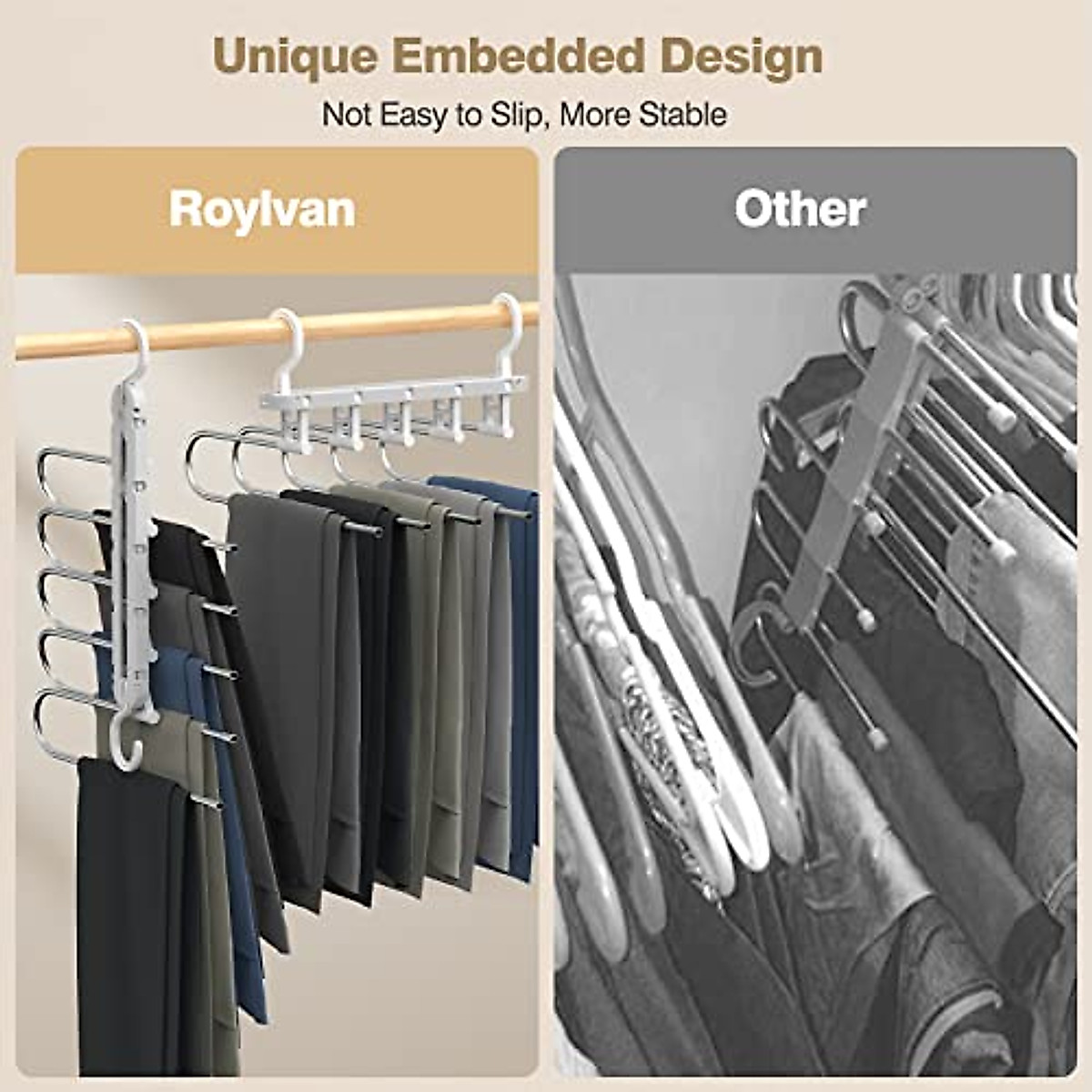 Roylvan Pants Hangers Space Saving, 2 Pack for Closet Clothes Hanger Organizer Jean Hangers Pants Rack for Trousers Skirts Scarf, Non Slip Hangers Space Saving for Closet, Dorm Room, Travel