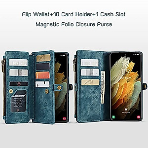 Defencase Samsung Galaxy S21 Ultra Case, Galaxy S21 Ultra Wallet Case for Women Men, Durable PU Leather Magnetic Flip Lanyard Strap Zipper Card Holder Phone Case for Samsung S21 Ultra - Blue Green